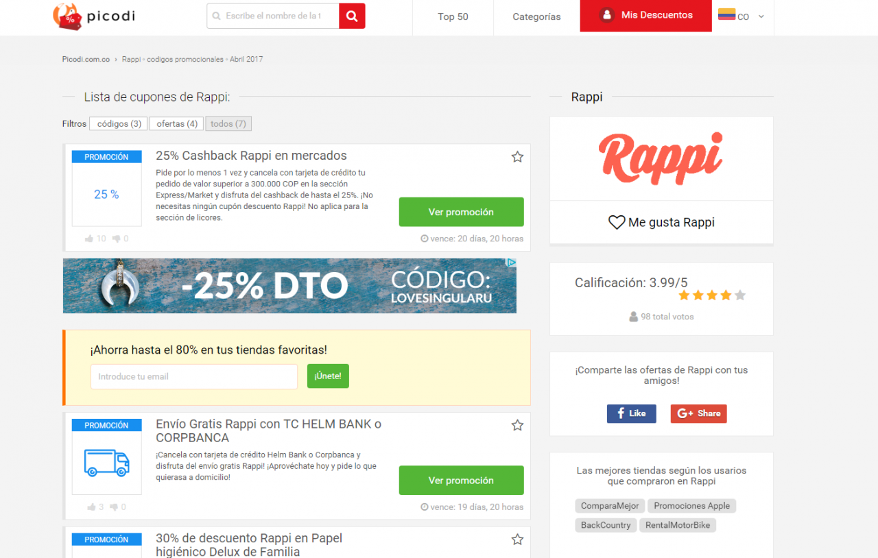 Cupones Rappi | 50% | Mayo 2017 | ¡Benefíciate! - Picodi Colombia